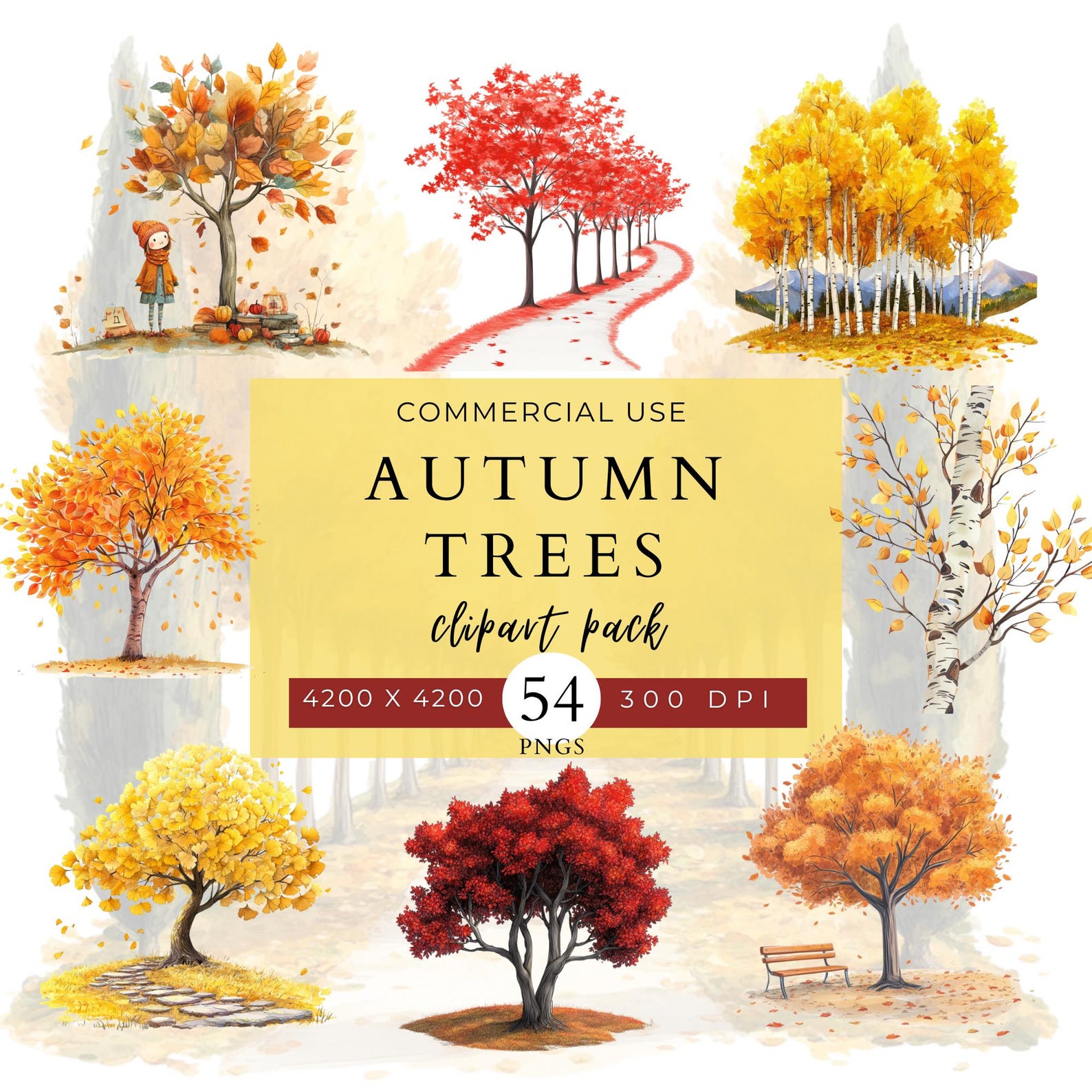 Autumn Trees Clip Art Pack, Commercial Use, Fall Designs, Autumn ...