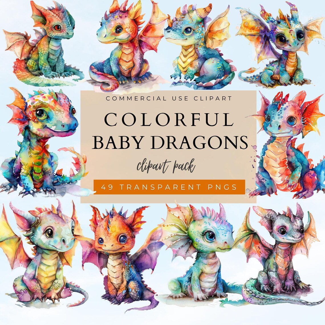Colorful Baby Dragons Clip Art Pack, Stickers, Whimsical, Commercial ...