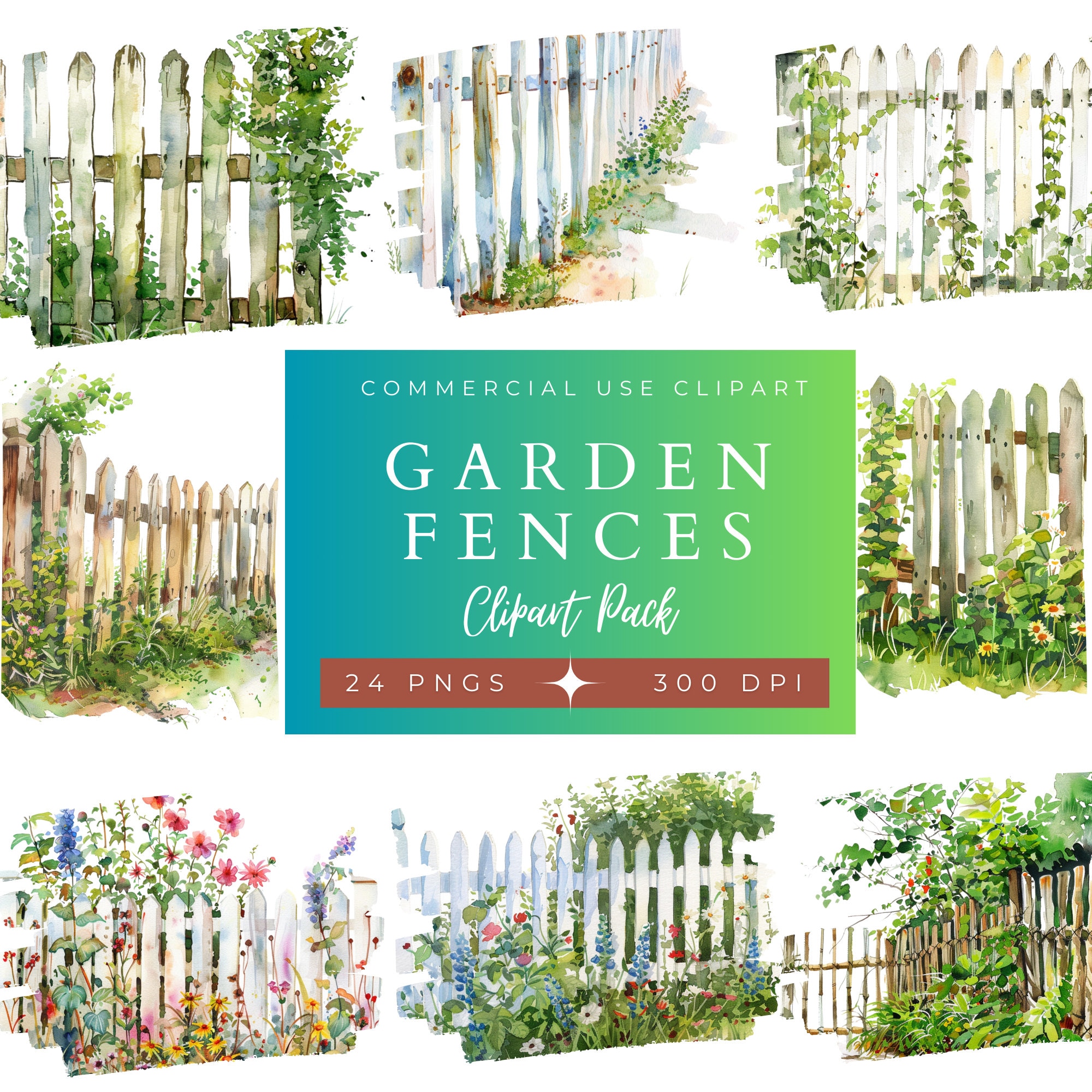 Garden Fences Clip Art Pack, Commercial Use, Wall Art Prints, Wooden ...