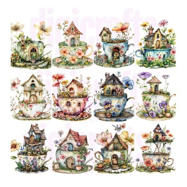 Teacup Fairy Houses Clip Art Pack, Commercial Use, Fairy Tales, Tea ...
