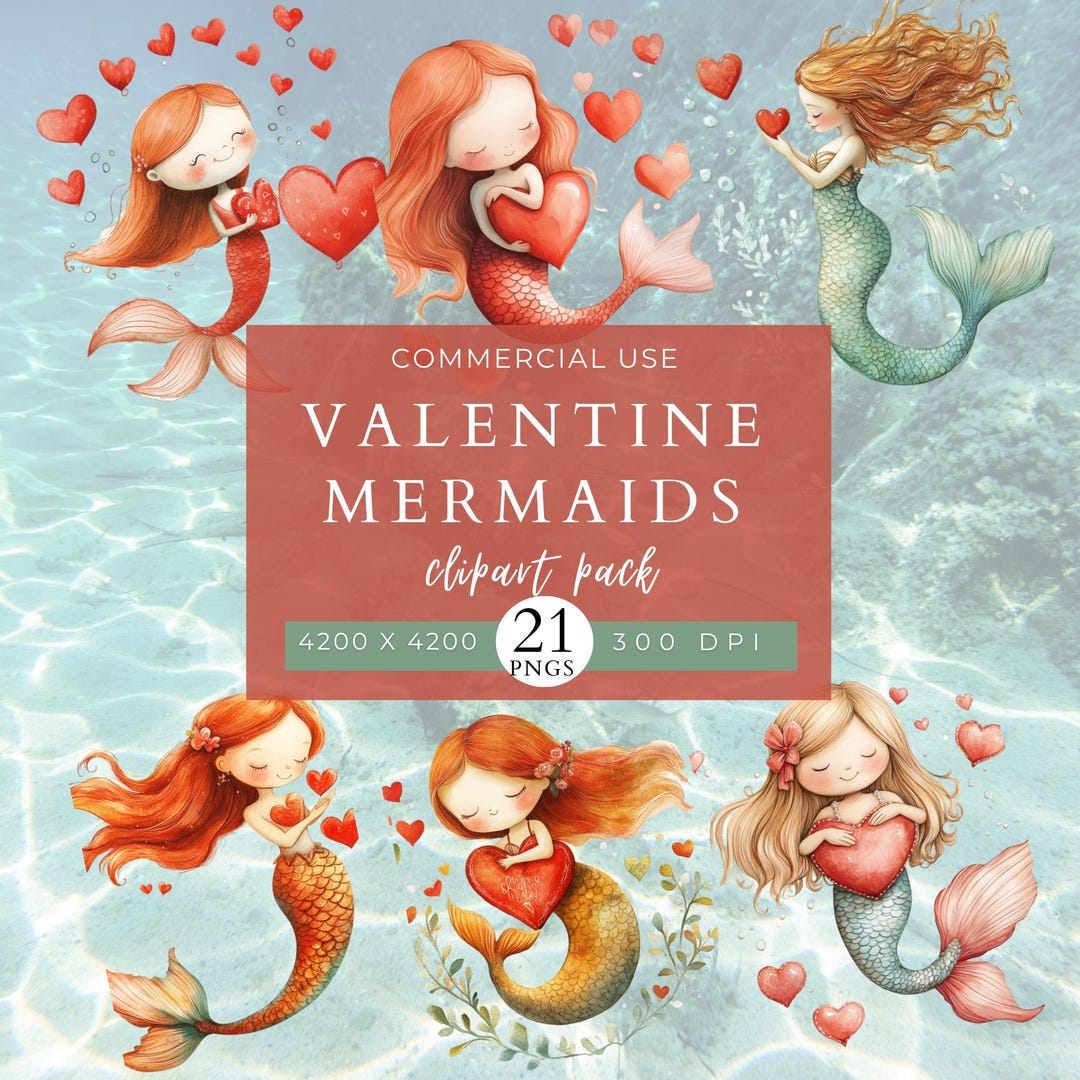 Little Valentine Mermaids Clip Art Pack, Commercial Use, Magical, DIY ...