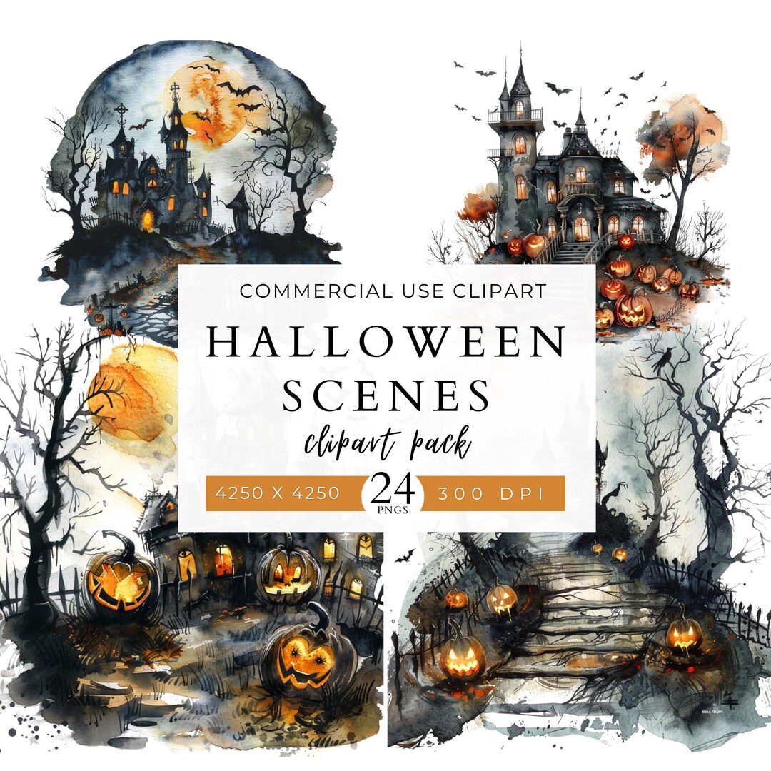 Creepy Halloween Scenes Clip Art Pack, Commercial Use, Haunted ...