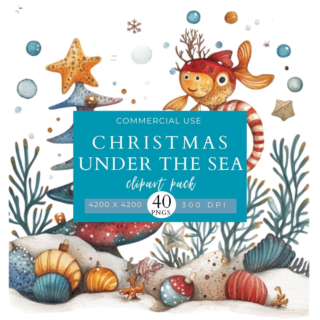 Christmas Scenes Under the Sea Clip Art Pack, PNG Files, Holiday ...