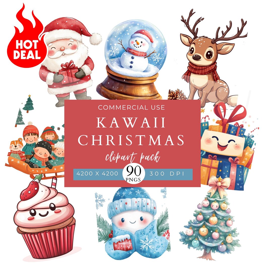 Kawaii Christmas Clip Art Pack, PNG Files, Holiday Projects, Festive ...