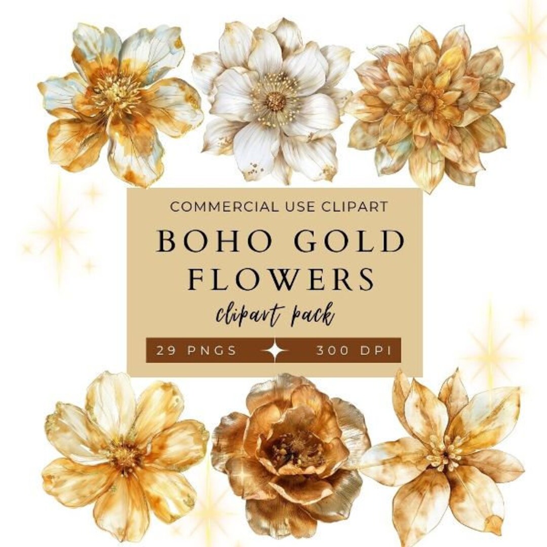 Gold Boho Flowers Clip Art Pack, Floral, Bouquet, Flowers, Commercial ...