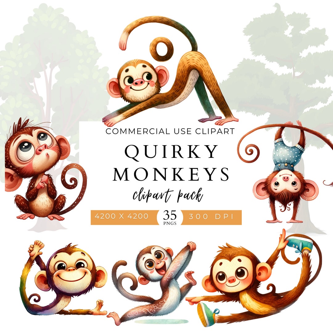Quirky Monkey Clip Art Pack, Monkey Stickers, Whimsical, Funny Monkeys ...