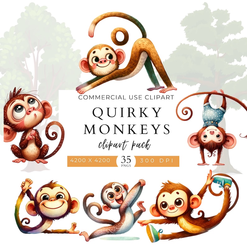 Quirky Monkey Clip Art Pack, Monkey Stickers, Whimsical, Funny Monkeys ...