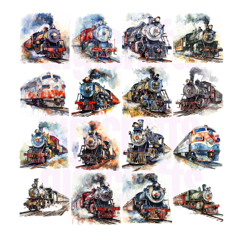 Steam Trains Clip Art Pack, Commercial Use, Locomotive, Steam Engine, Transportation, Vintage ...
