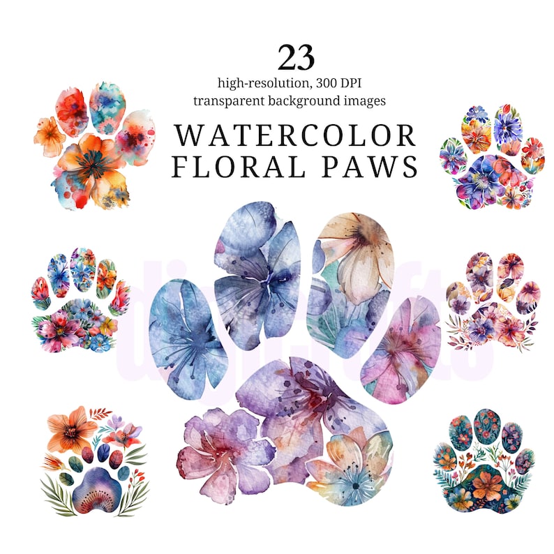 Floral Paws Clip Art Pack, Commercial Use, Pet Lover, Nursery Decor ...