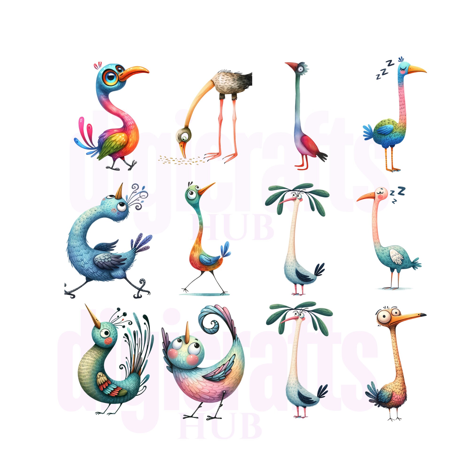 Quirky Birds Clip Art Pack, Bird Stickers, Whimsical, Funny Birds ...