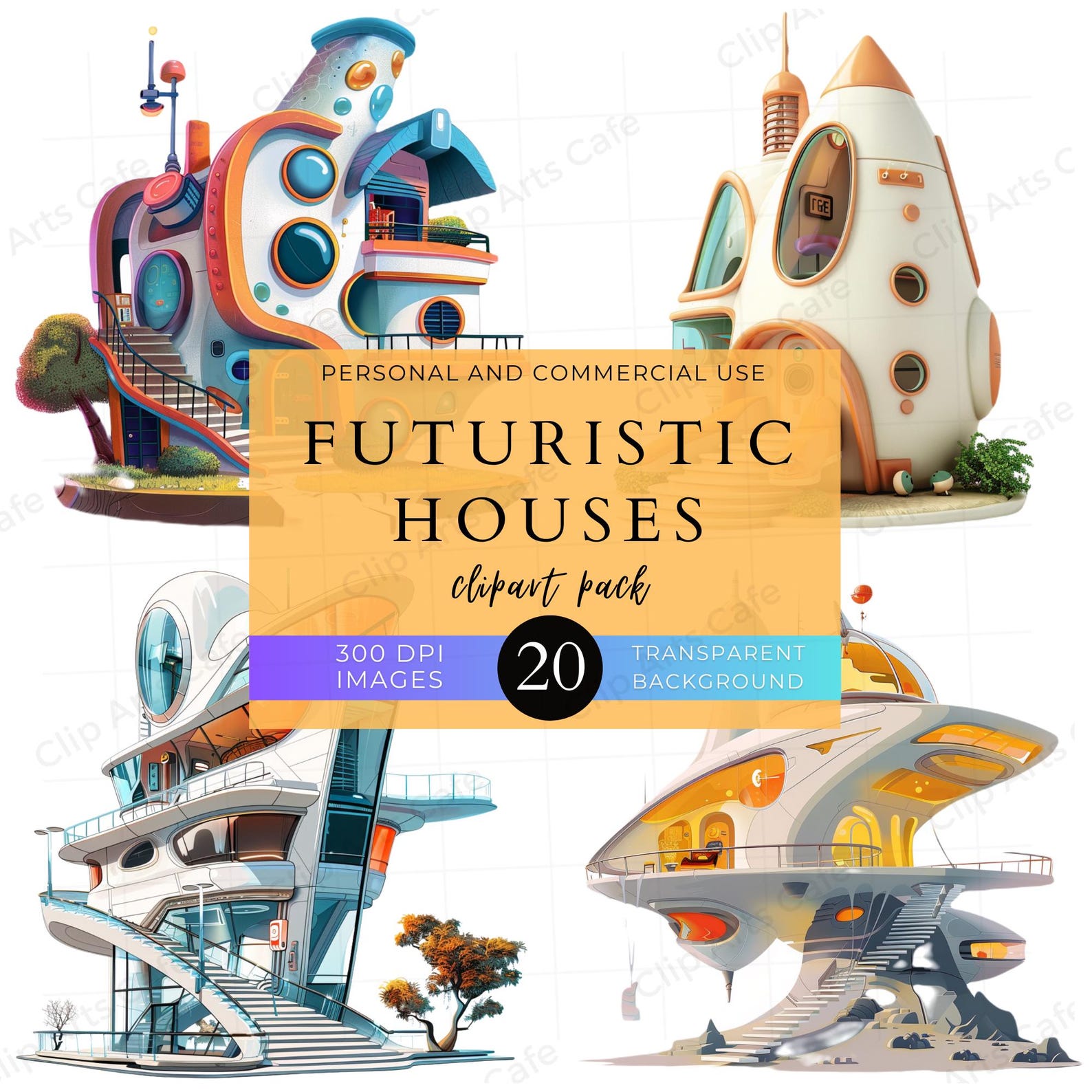 Futuristic Houses Clipart Pack, Commercial, PNG Stickers, Scrapbook ...