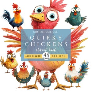 Quirky Chickens Clip Art: 48 Funny PNG Illustrations (commercial Use ...