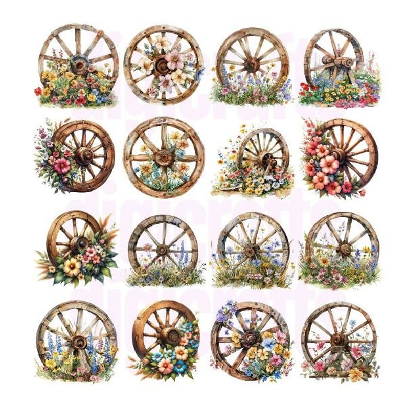 Floral Cart Wheels Clip Art Pack, Commercial Use, Vintage ...