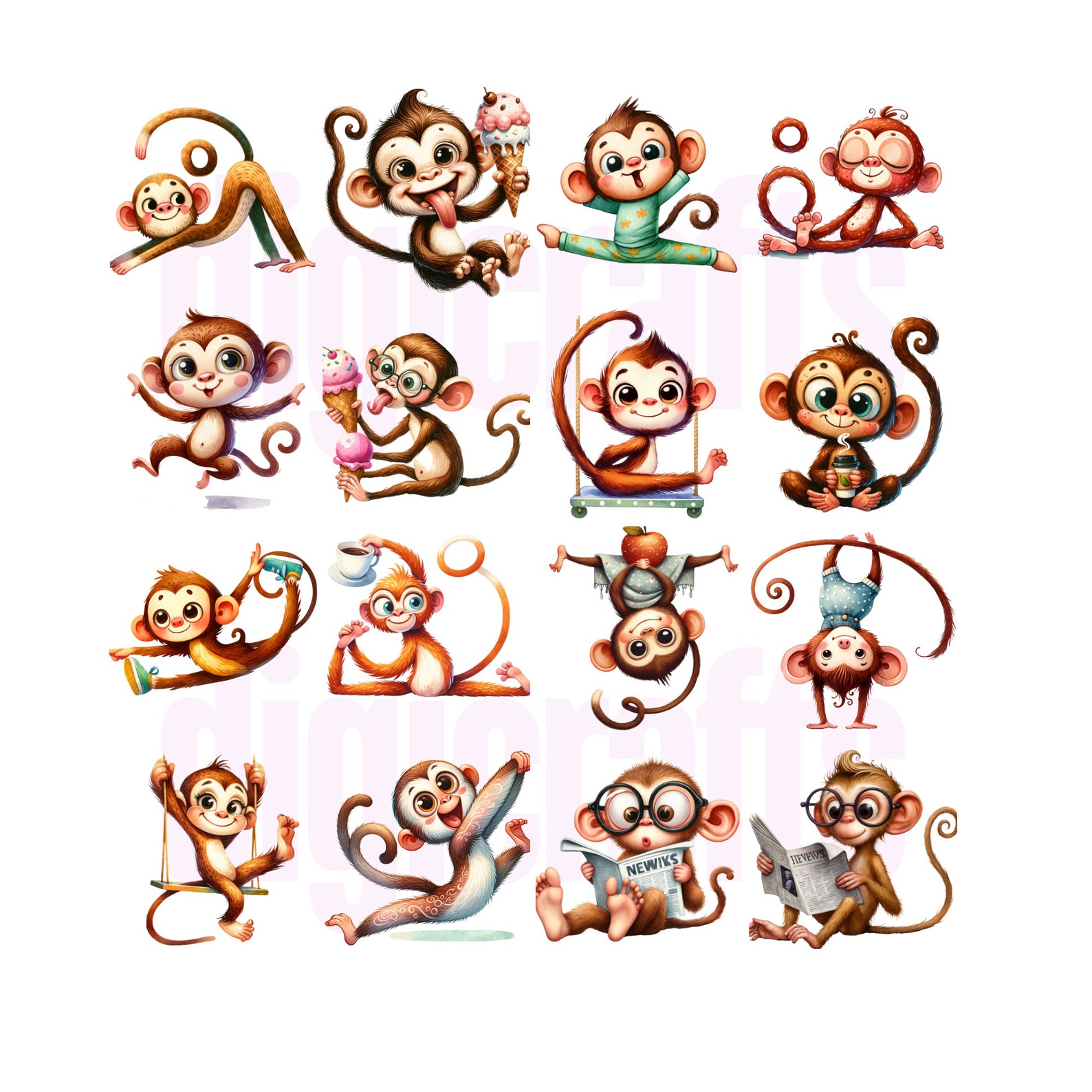 Quirky Monkey Clip Art Pack, Monkey Stickers, Whimsical, Funny Monkeys ...