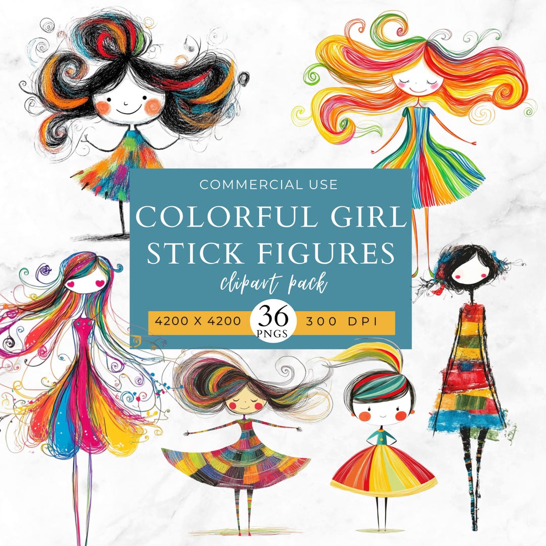 Colorful Little Girl Stick Figures Clip Art Pack, PNG, Whimsical ...
