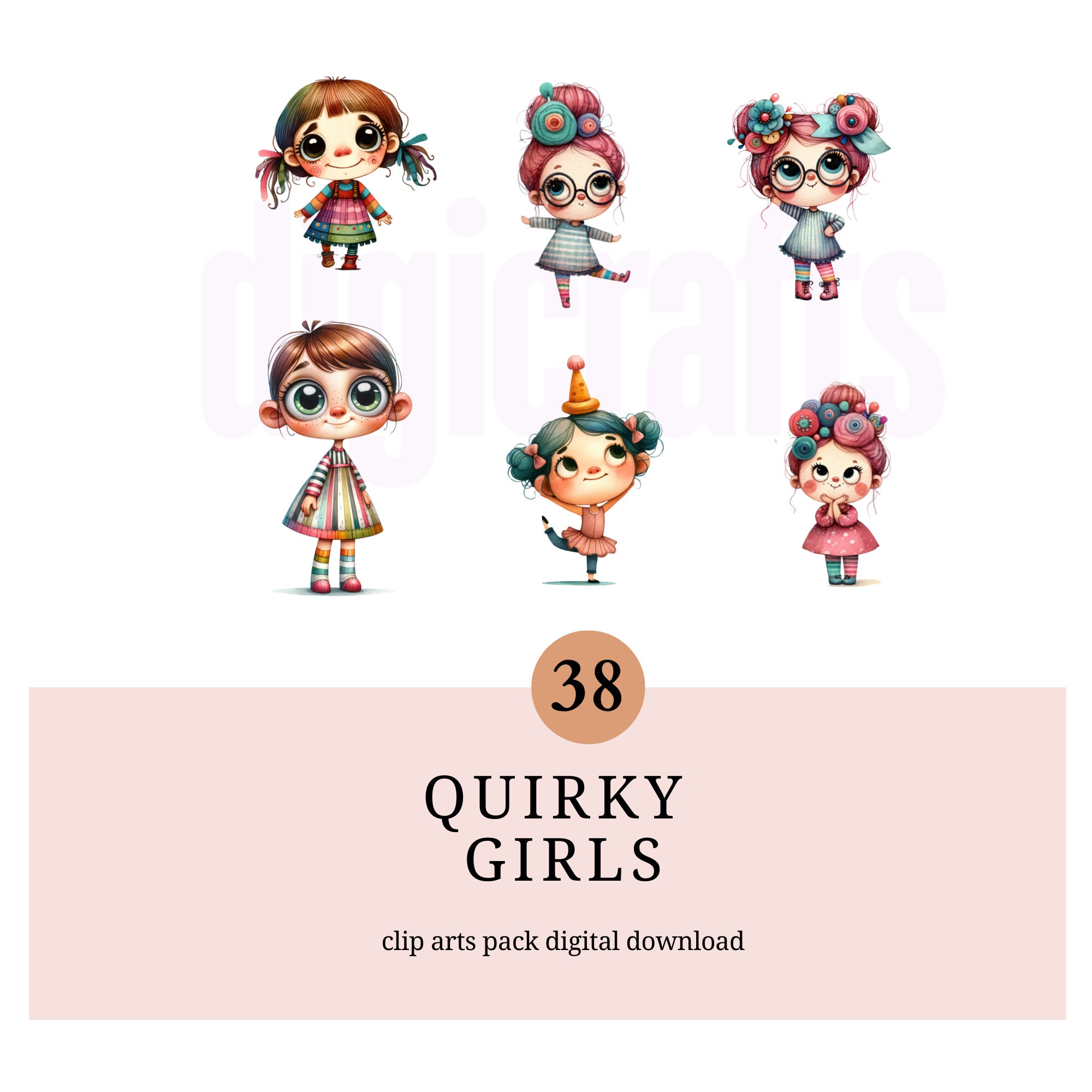 Quirky Little Girls Clip Art Pack, Commercial Use, Graphics, Playful ...