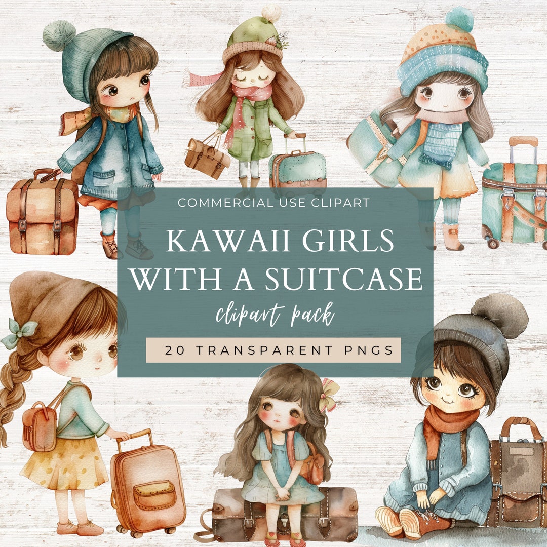 Kawaii Girls With a Suitcase Clip Art Pack, Commercial Use, Kawaii ...