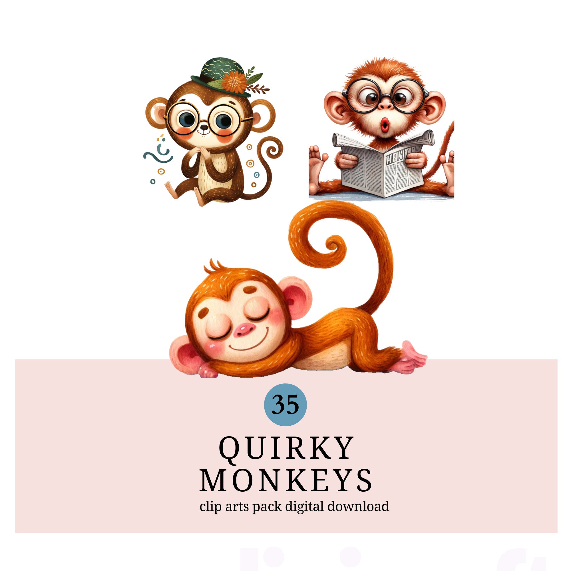 Quirky Monkey Clip Art Pack, Monkey Stickers, Whimsical, Funny Monkeys ...