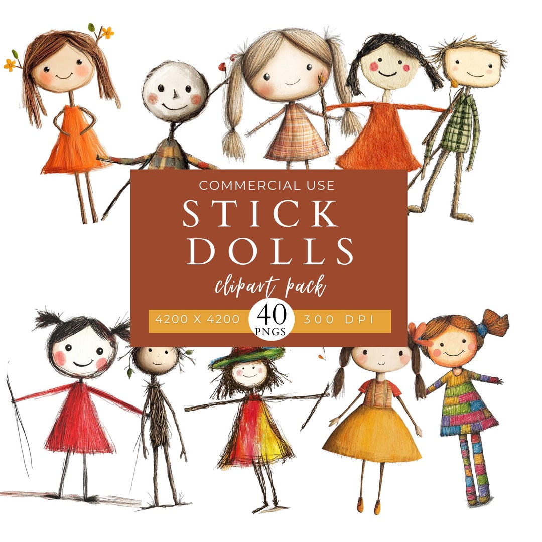 Stick Dolls Clip Art: 40 PNG Illustrations for Scrapbooking (digital ...