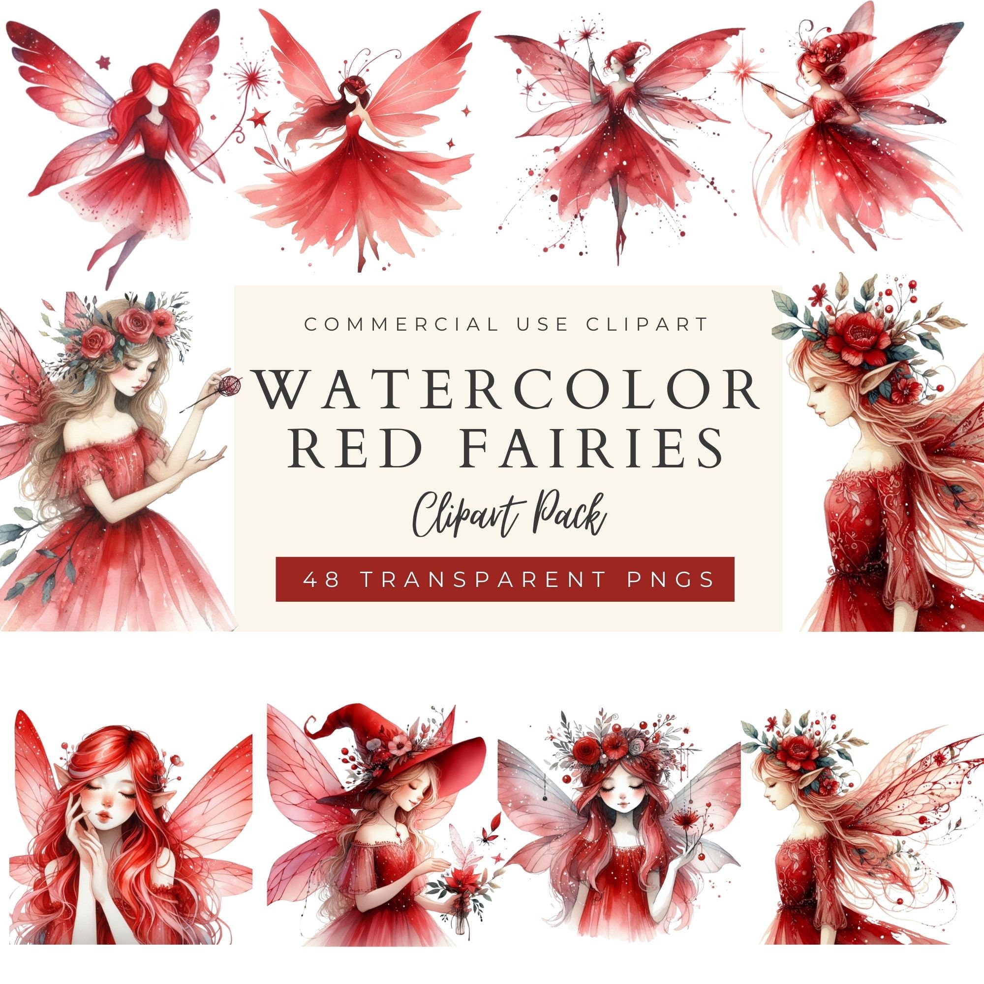 Red Fairies Clip Art Pack, Commercial Use, Spooky, Wall Art, Fairies ...