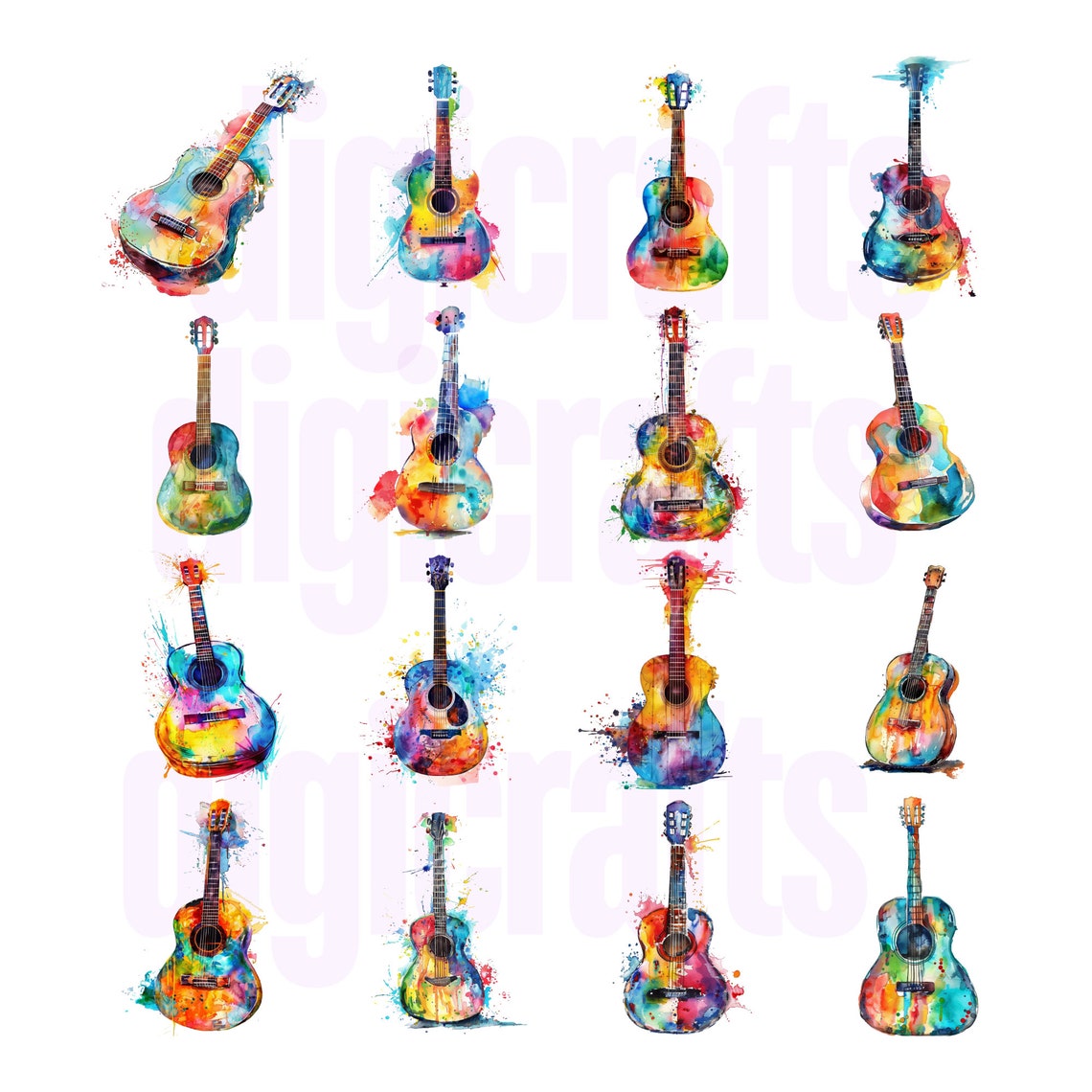 Colorful Guitars Clip Art Pack, Commercial Use, Guitarist, Rainbow ...