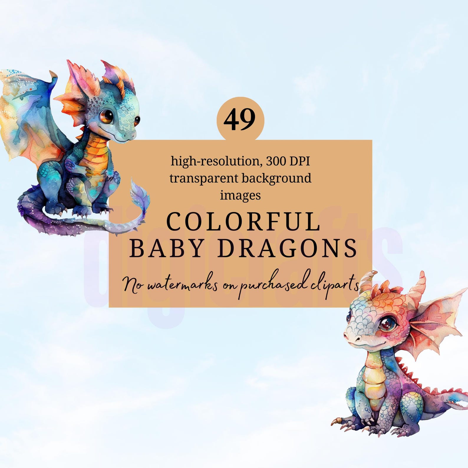 Colorful Baby Dragons Clip Art Pack, Stickers, Whimsical, Commercial ...