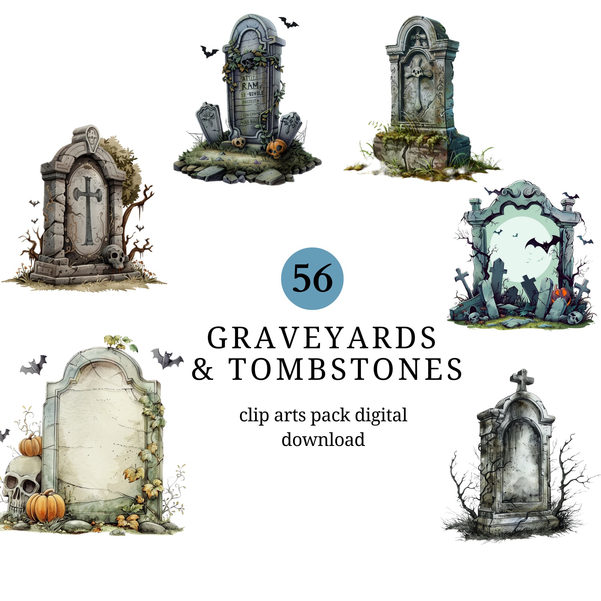Graveyards and Tombstones Clip Art Pack, Halloween Clipart, Commercial ...