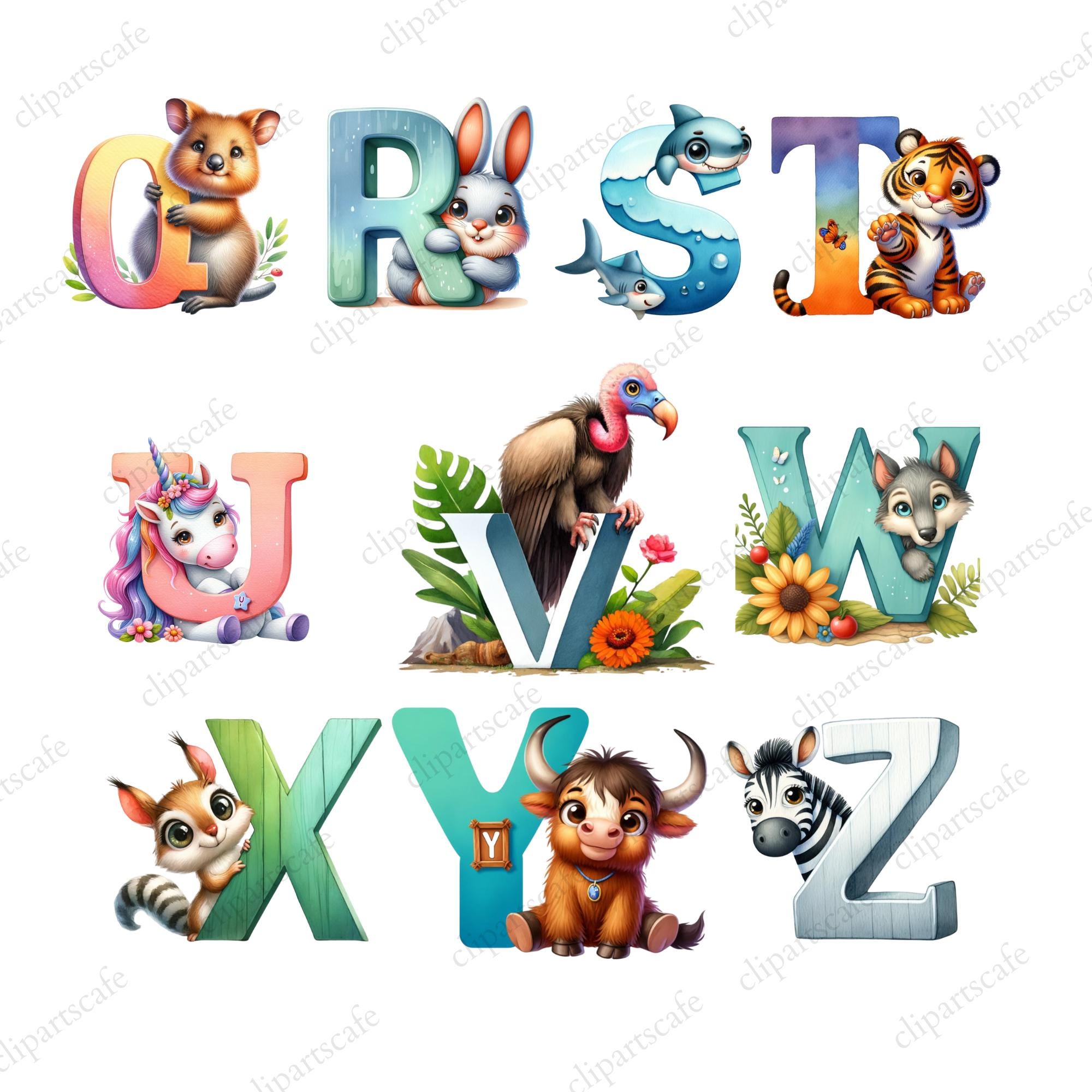 Animal Alphabet Clip Art: 26 Watercolor Letters, Nursery Graphics (PNG ...
