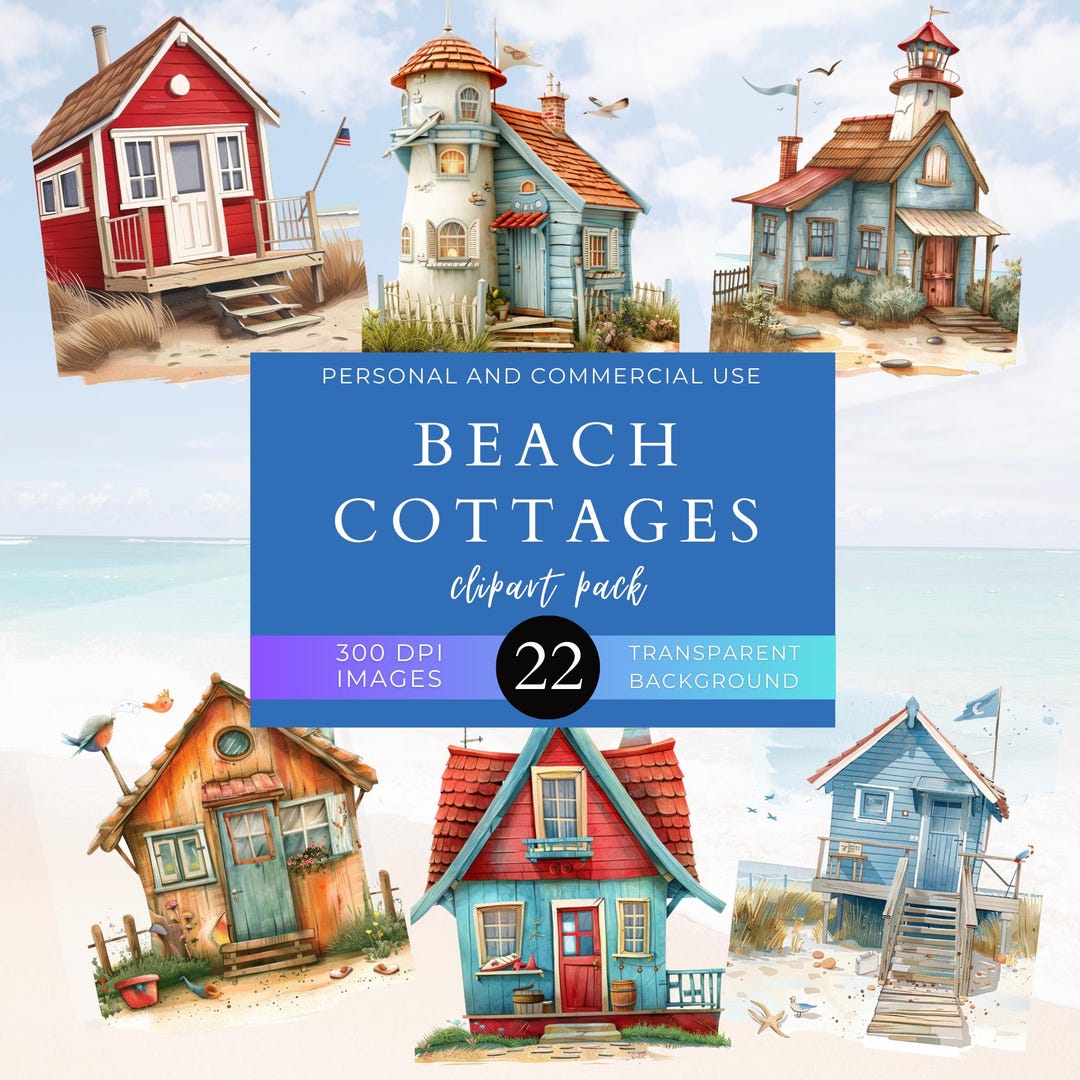 Beach Cottages Clip Art Pack, Pngs, Coastal, Quirky Seaside Houses, DIY Crafts, Stickers ...