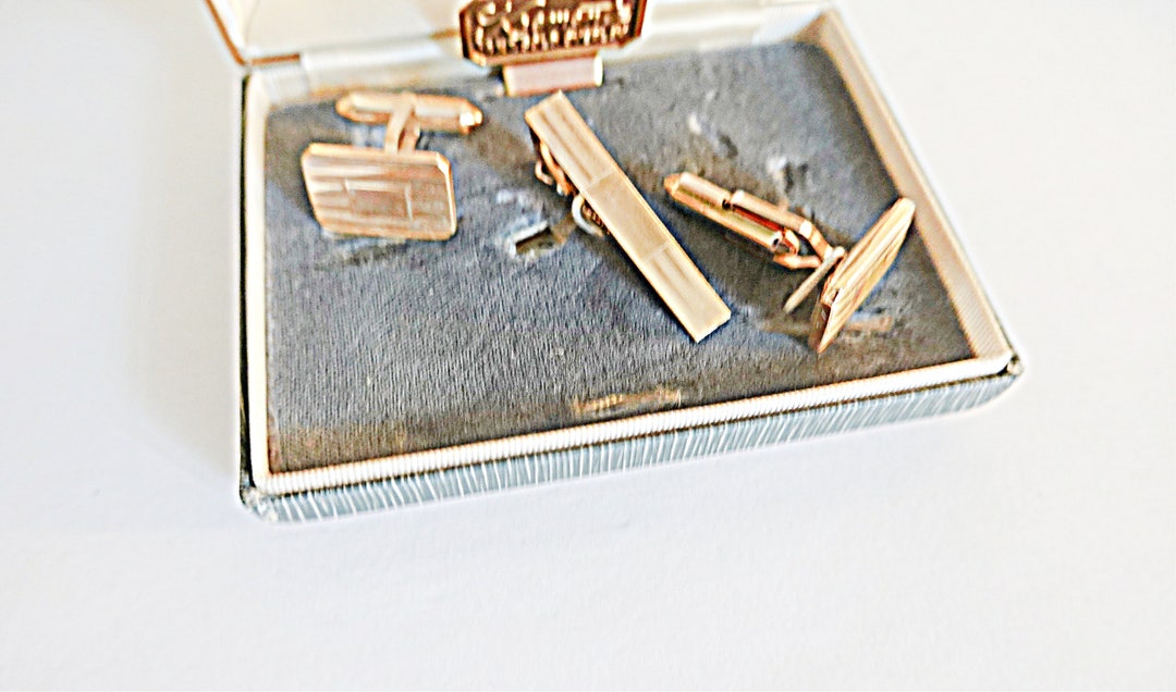 Vintage Cufflinks Tie Bar Set, 14k Gold Overlay Cufflinks Tie Bar ...