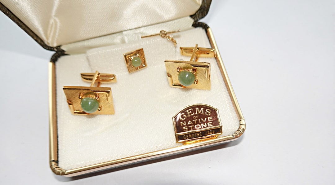 JADE Cufflinks, Jade CUFF LINKS and Tie Tack, Mid Century, Men's ...