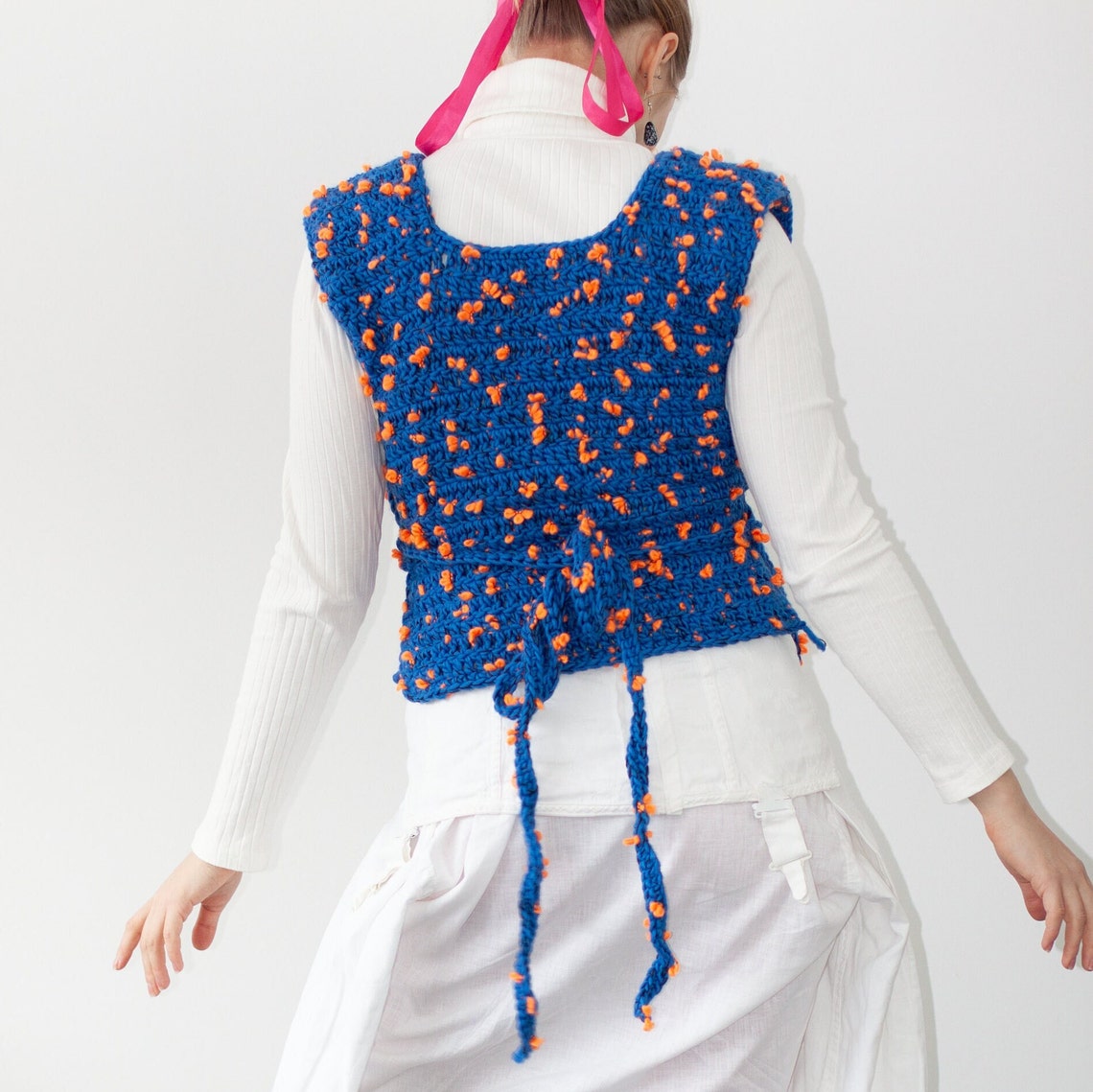 Hand-crocheted Tie Side Vest Blue Orange Coral Reef Yarn Sweater One ...