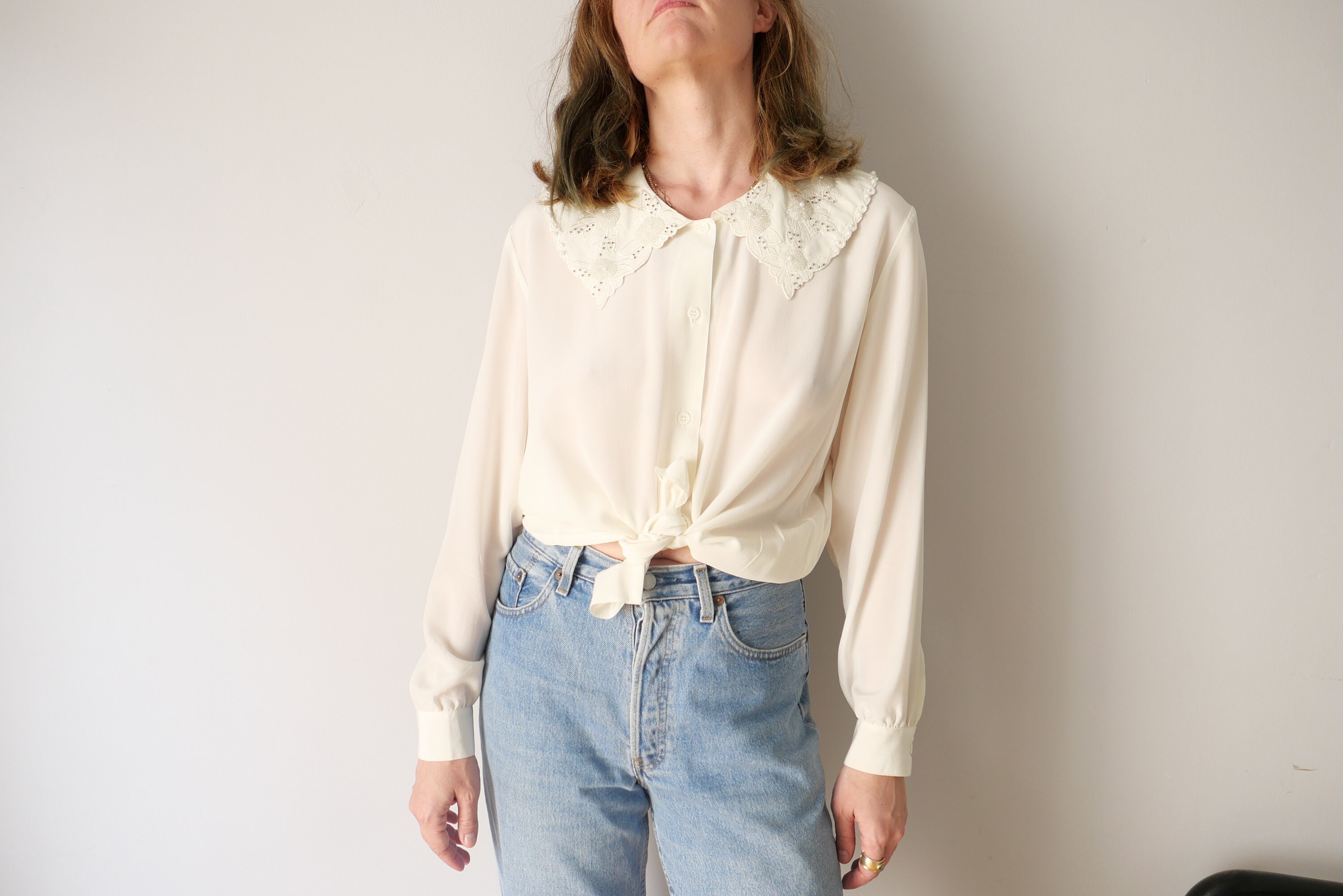 Vintage Pure Silk Poet Collar Embellished off White Shirt Basic French ...