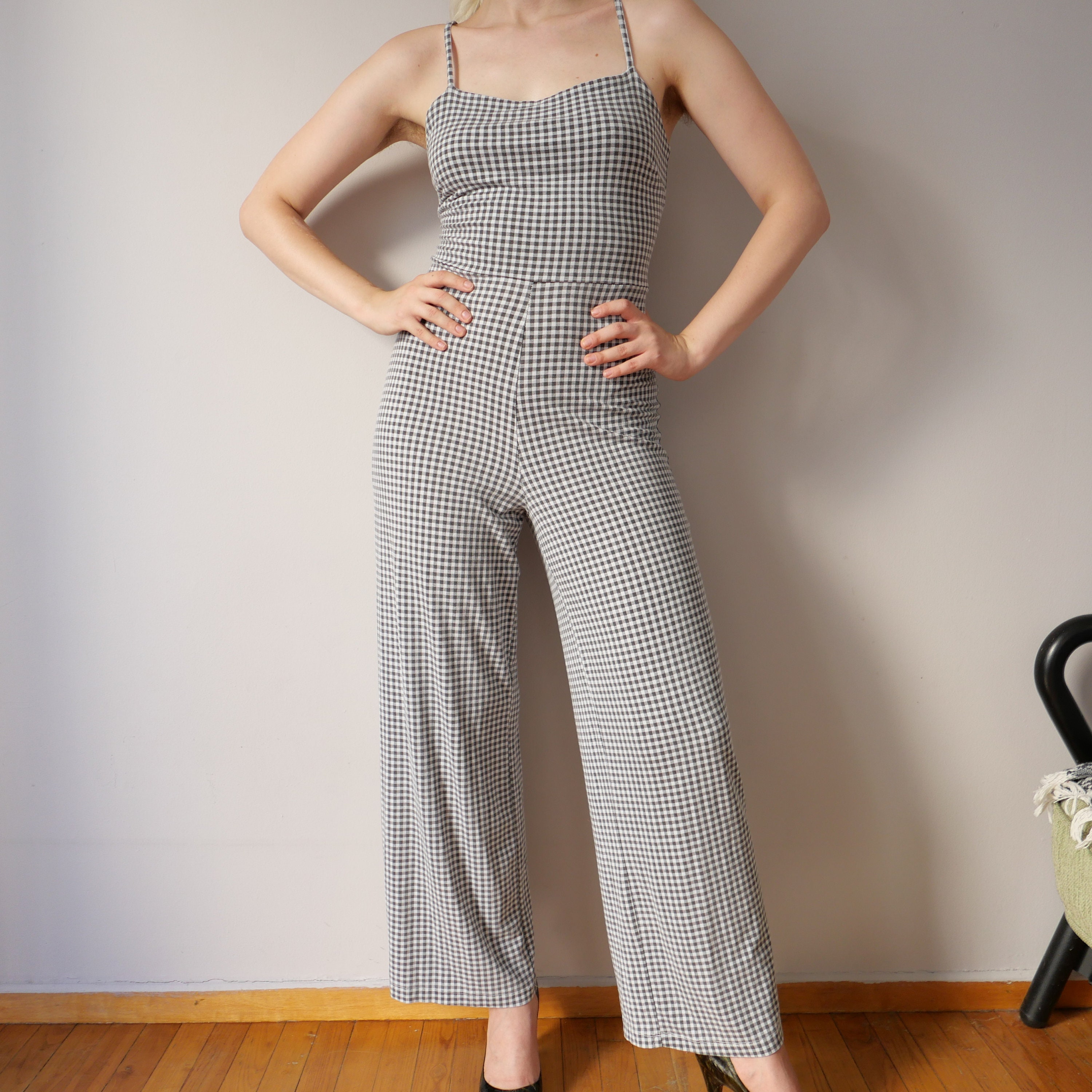 Vintage Vichy Black and White Open Back Culotte Minimalist Jumpsuit ...
