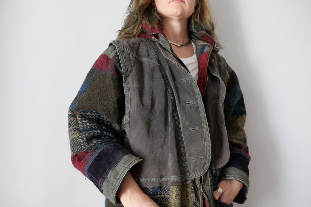 Vintage Leather Patchwork Classic Boho Wool Mix Soft Jacket Boxy Style ...