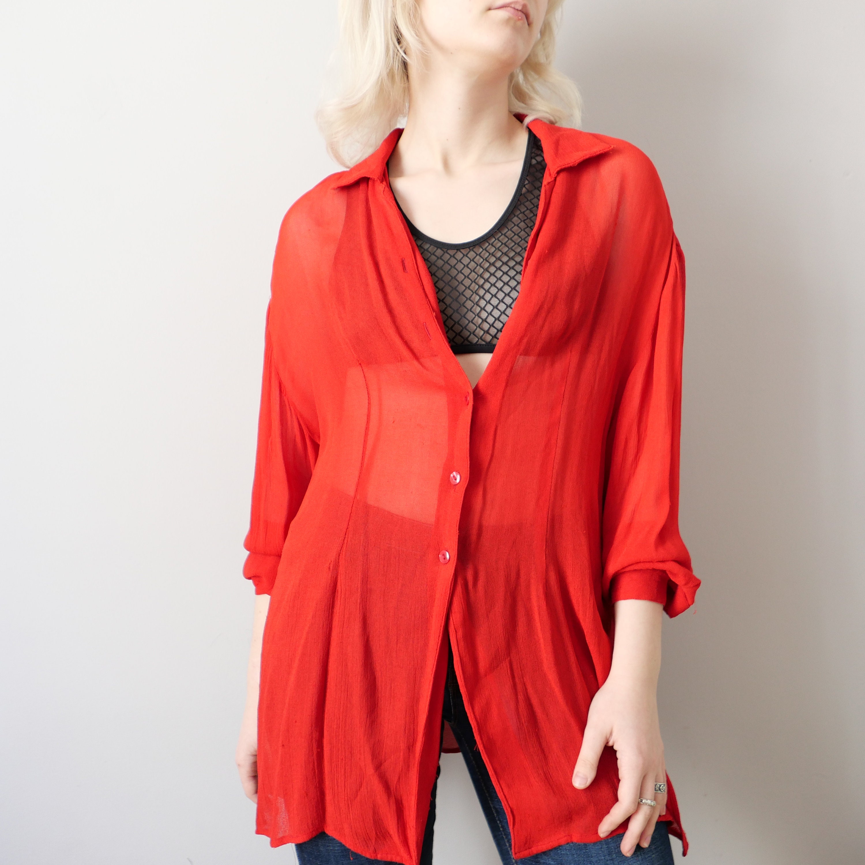 Vintage Red Sheer Long Sleeve Nineties Aesthetics Shirt Plain Red Fresh ...