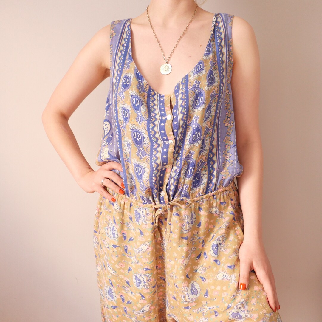 Vintage Jumpsuit Apron Cut Made in India 90s Beige Blue Floral Soft ...