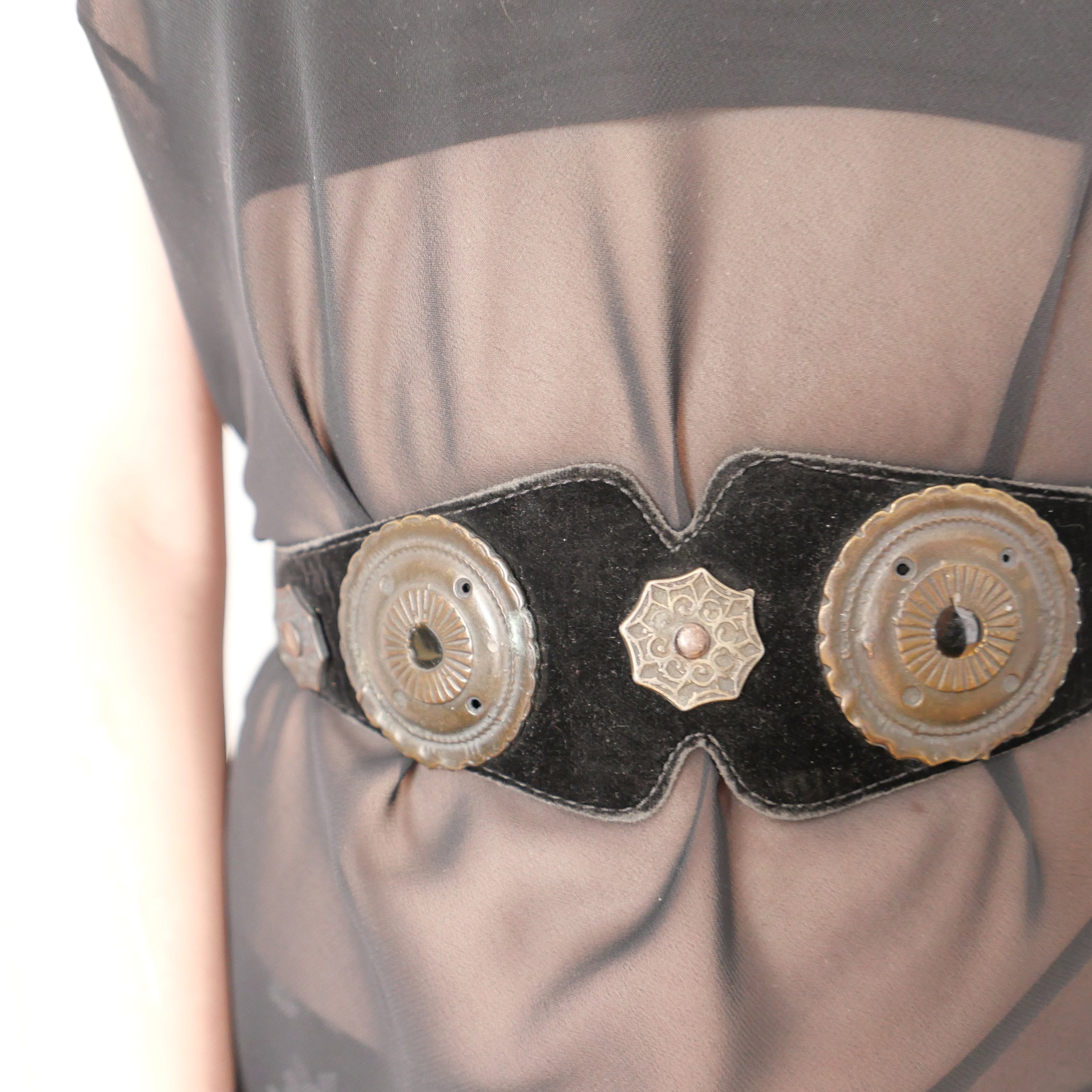 Vintage Leather Belt Goth Core Big Metal Eyes Boho Statement Velour ...