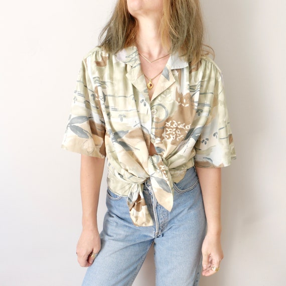 Vintage crazy pattern green blue leaves shirt classic… - Gem