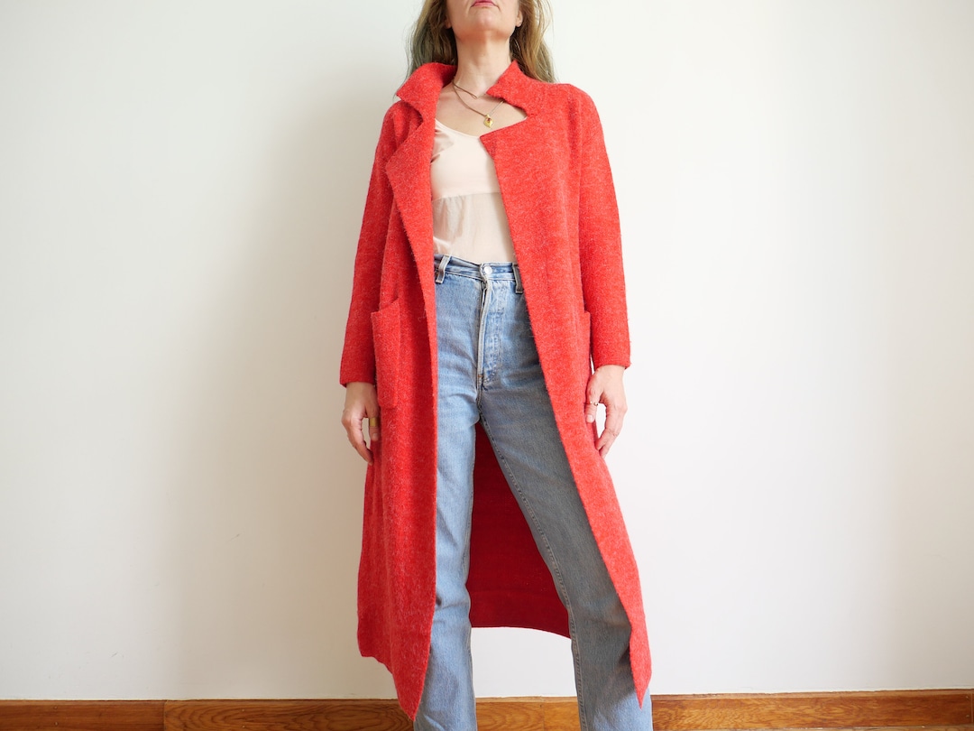 Vintage Red Long Cardigan Layer Berry Chunky Luxurious Gabardine Wool ...
