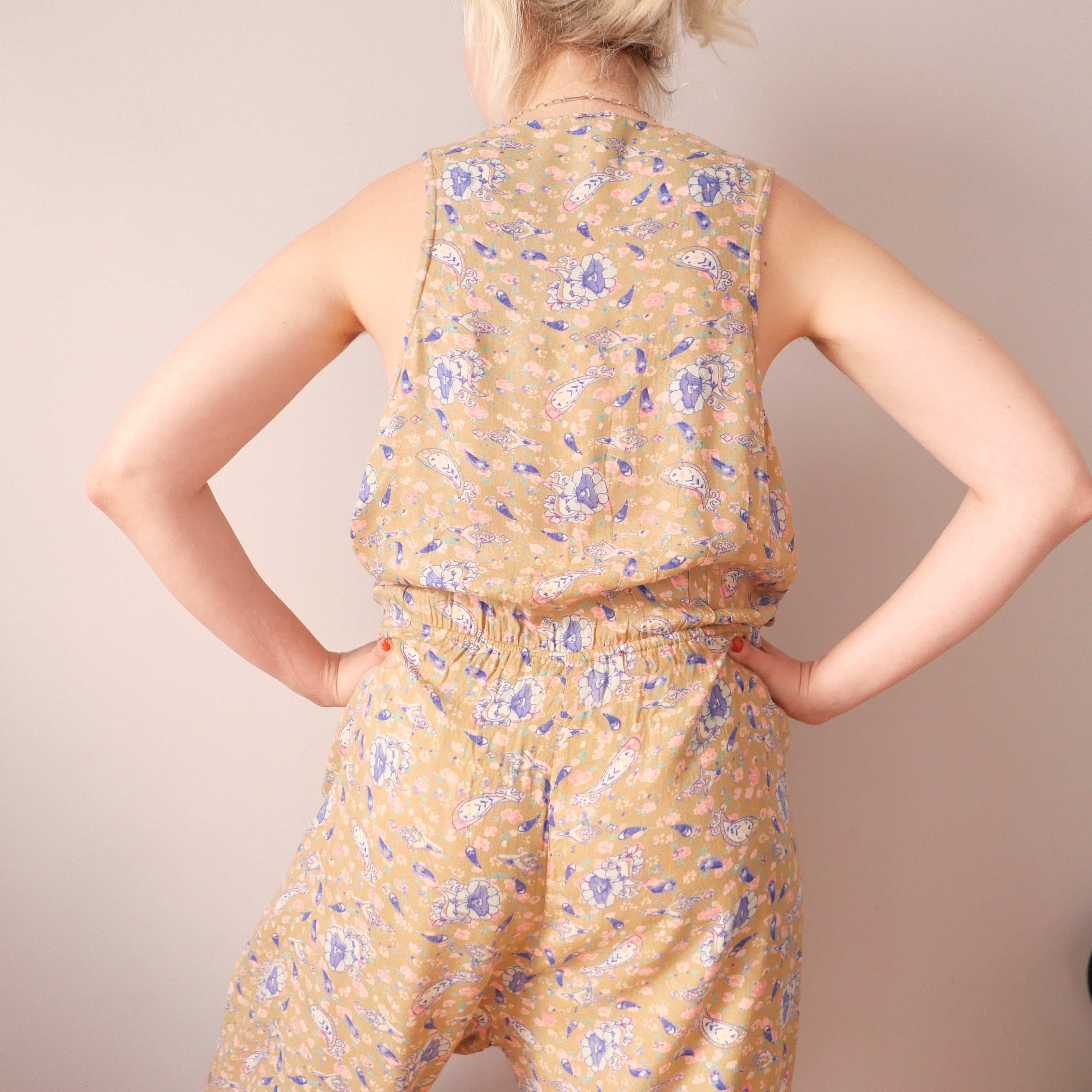 Vintage Jumpsuit Apron Cut Made in India 90s Beige Blue Floral Soft ...