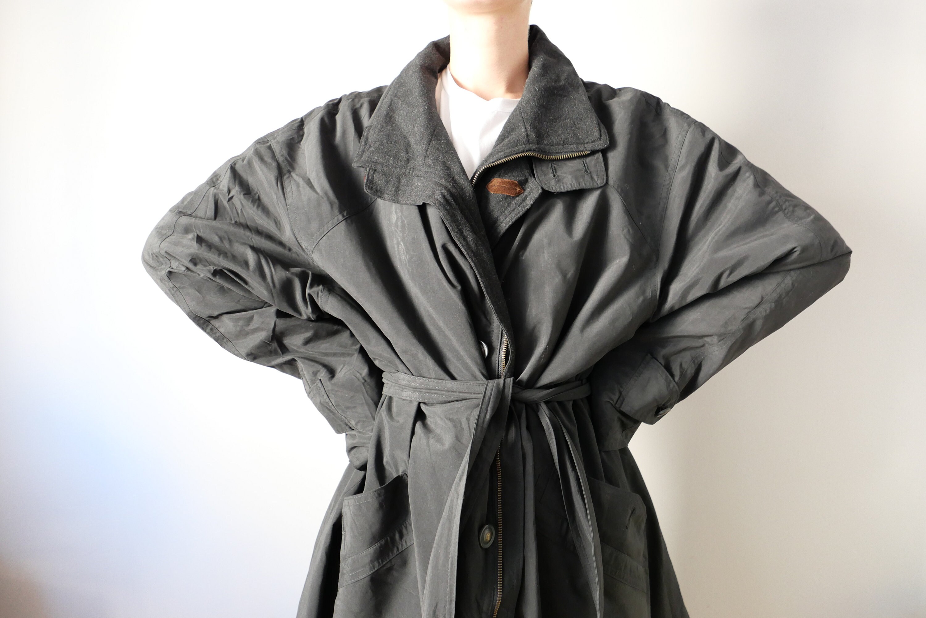 Vintage Long Black Parka Coat Basic Solid Piece With Detachable Wool ...