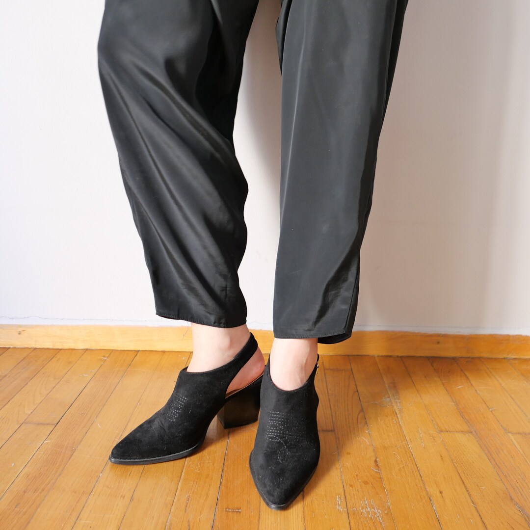 Vintage 90s Suede Pumps Classic Black Faux Leather Pointy Shoe Size 37 ...