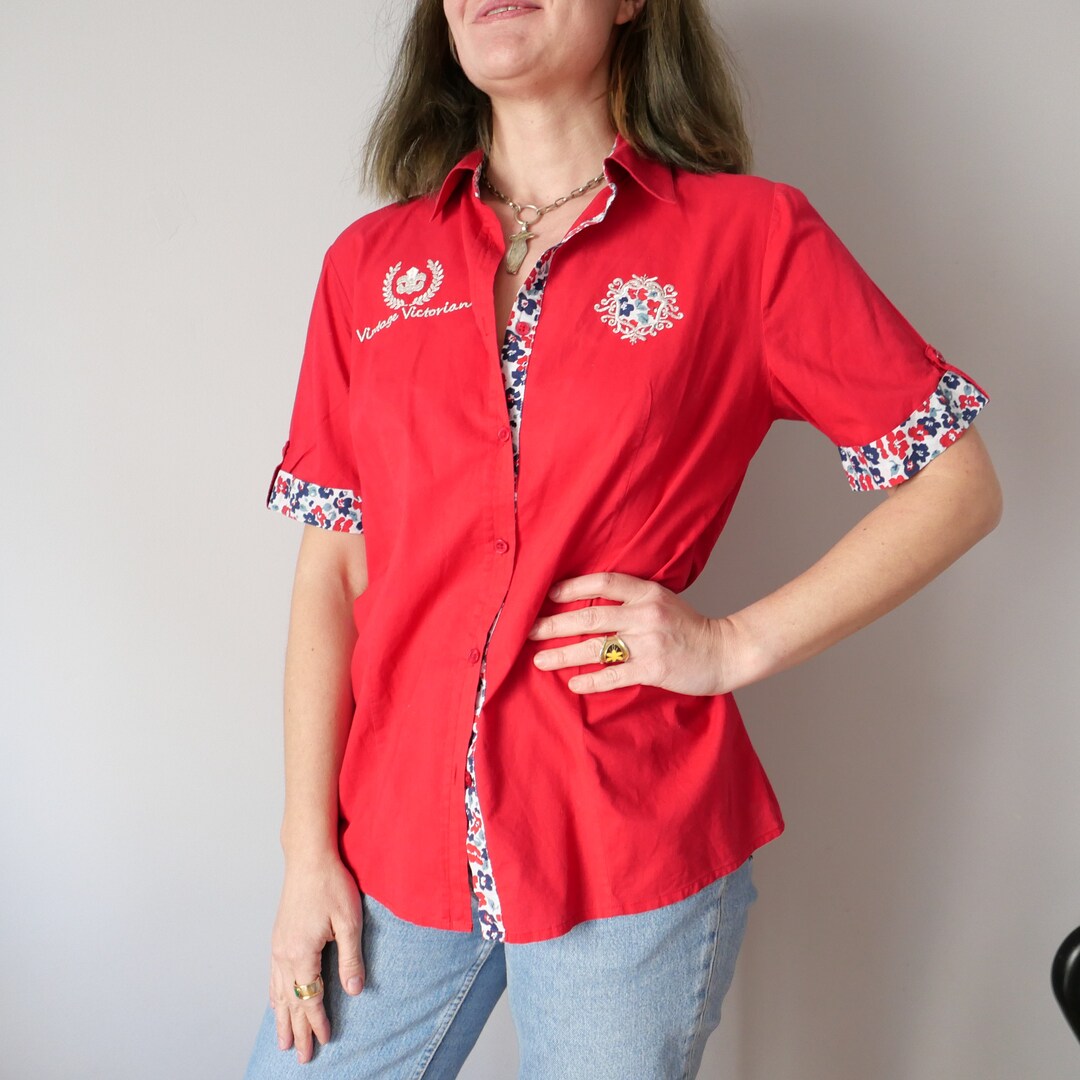 Vintage Red Polo Shirt Half Sleeve Contrast Floral Nineties Aesthetics ...