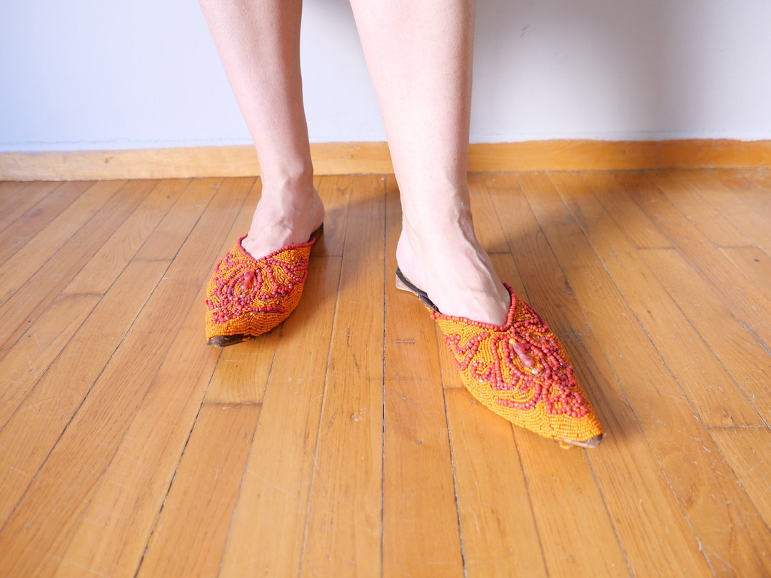 Vintage Beaded Embellished Clogs Indian Slippers Tangerine Aladdin Flat ...