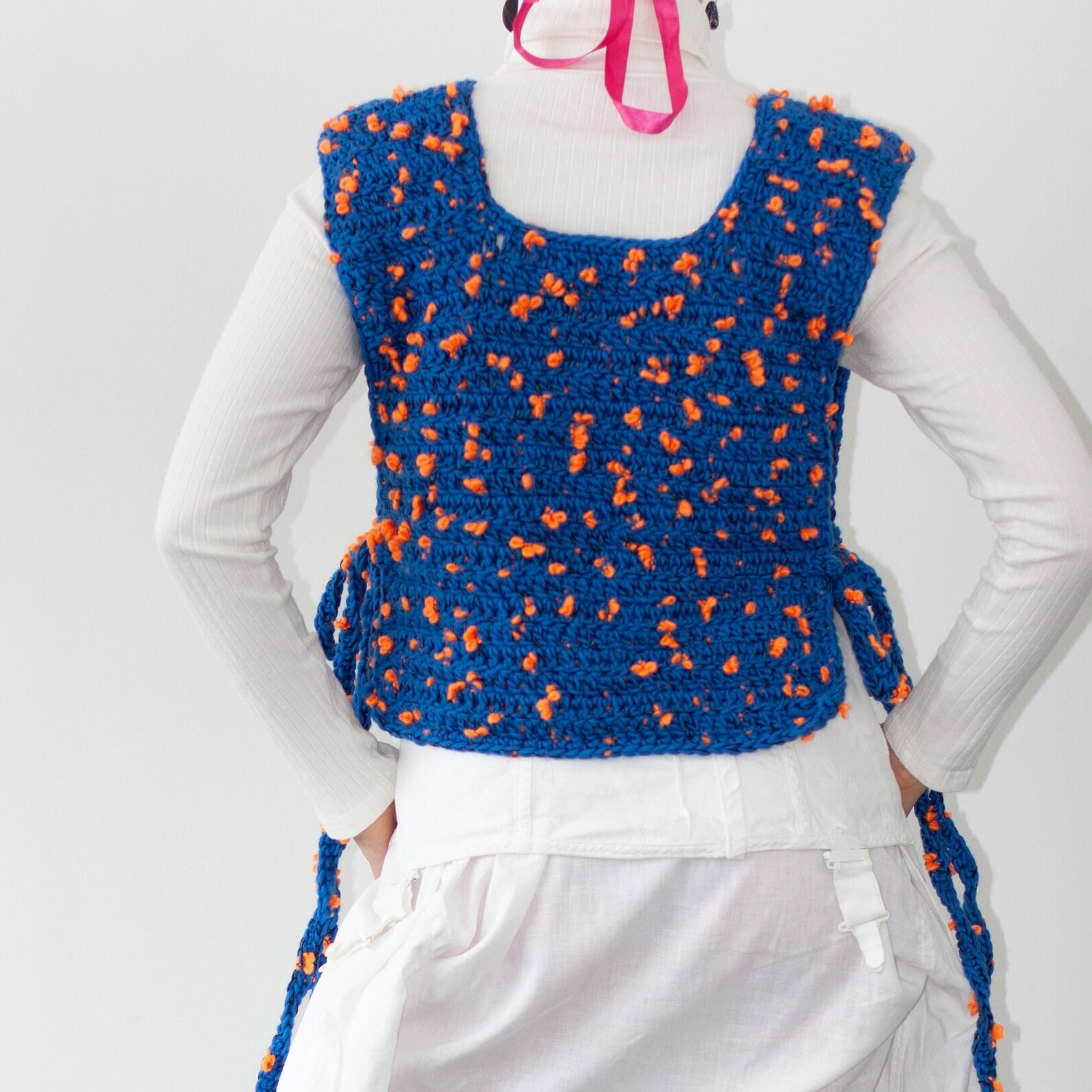 Hand-crocheted Tie Side Vest Blue Orange Coral Reef Yarn Sweater One ...