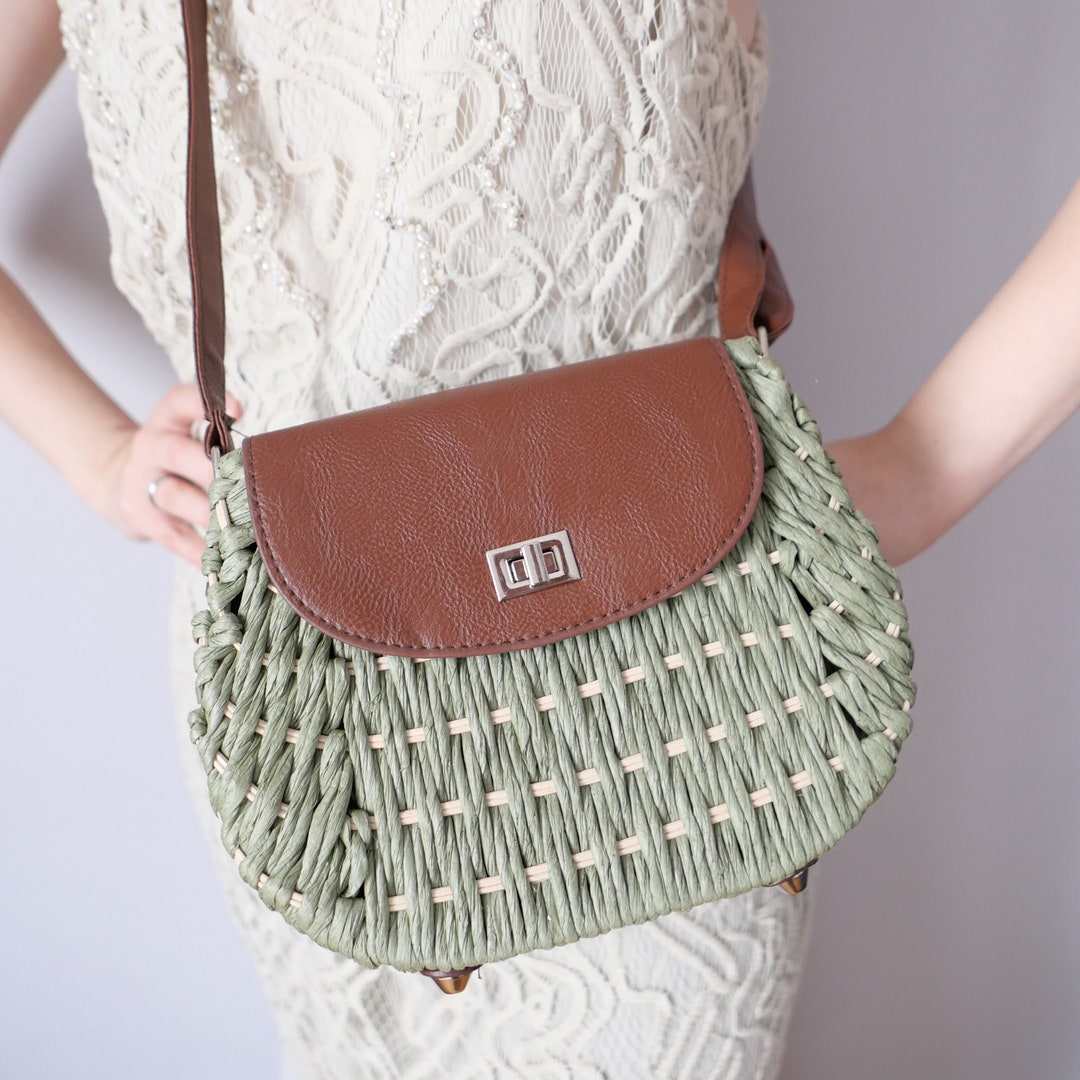 Vintage Green Basket Bag Cross-body Floral Lining Faux Leather Romance ...