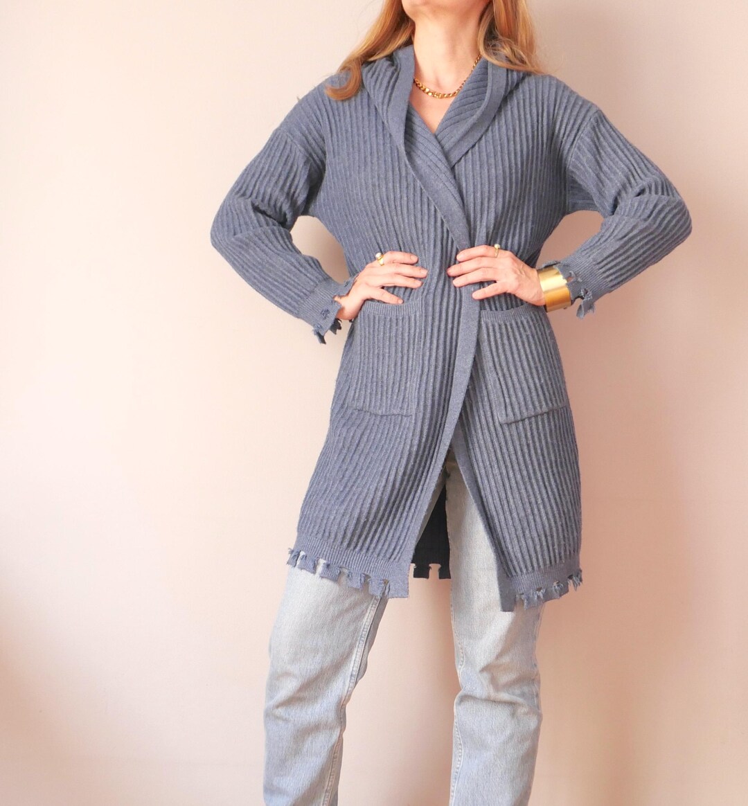 Vintage Cabled Long Blue Cardigan Super Soft With Hood and Pockets ...