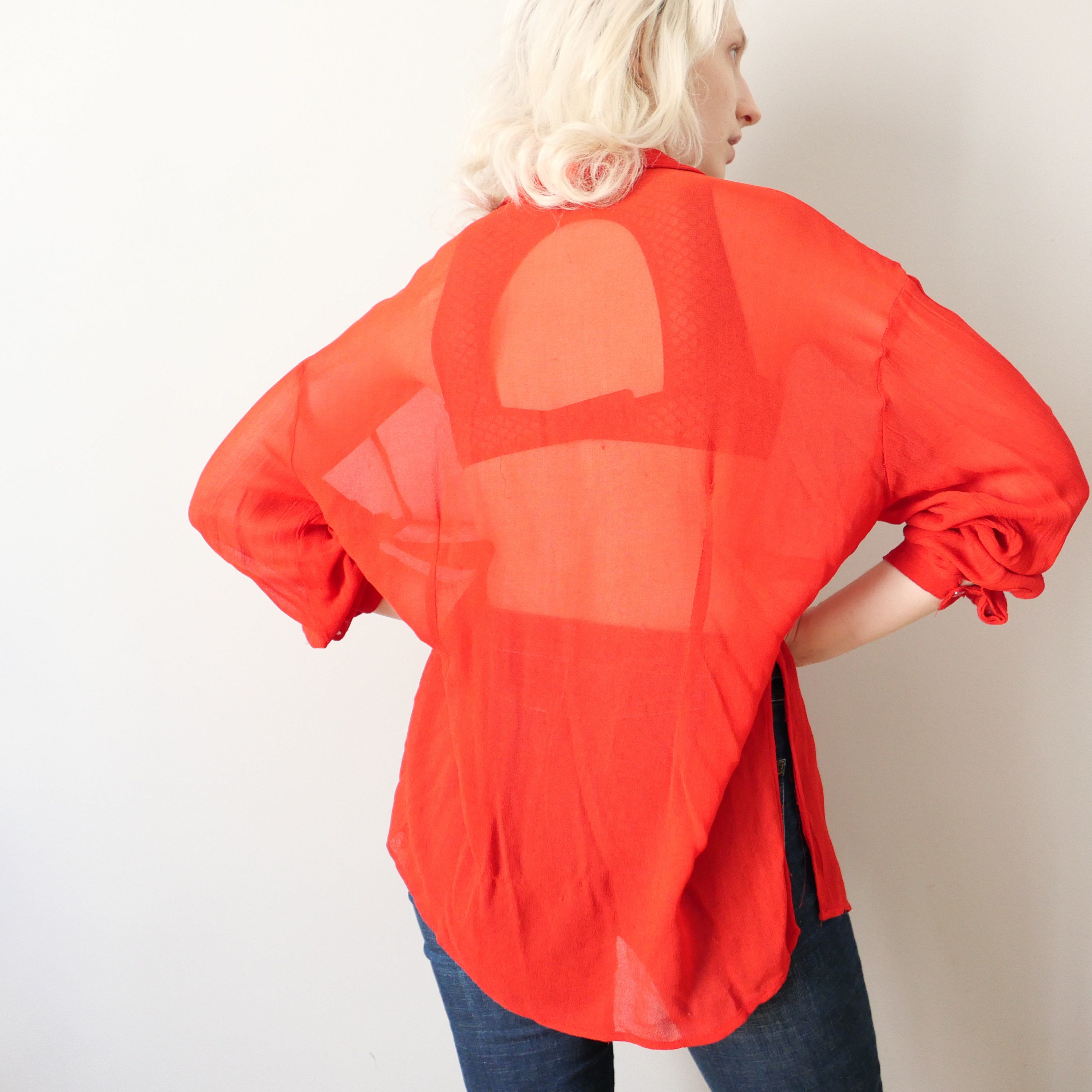 Vintage Red Sheer Long Sleeve Nineties Aesthetics Shirt Plain Red Fresh ...