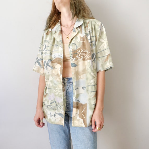 Vintage crazy pattern green blue leaves shirt classic… - Gem